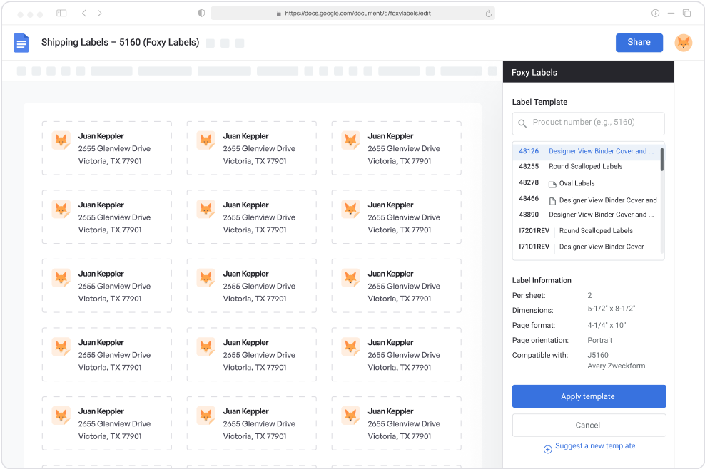 Foxy Labels – Avery Label Maker that Works in Google Docs & Sheets